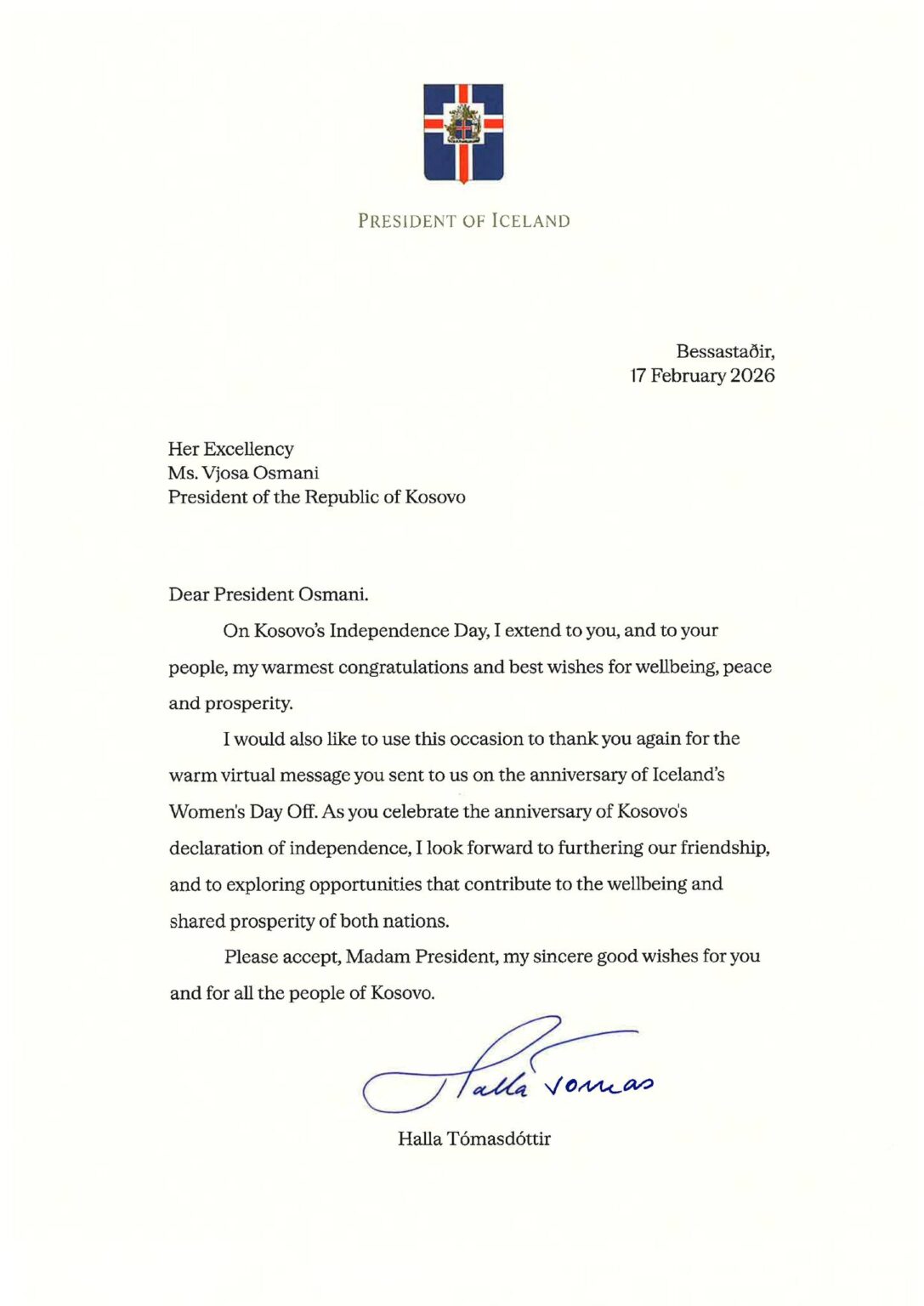 The President of Iceland, Halla Tómasdóttir, congratulated President ...